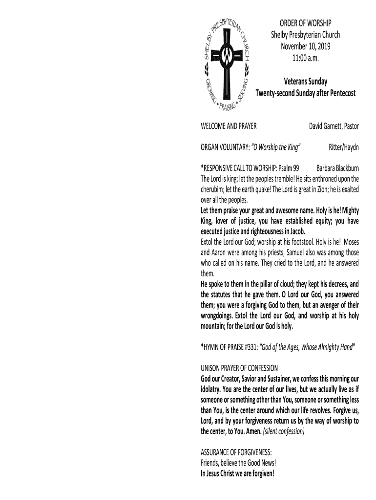 Fillable Online Order of Worship 23rd Sunday after Pentecost November ...