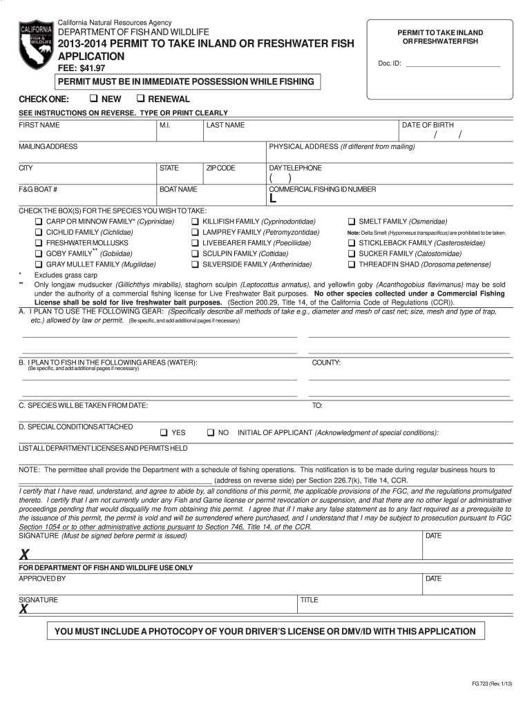 Fillable Online Permit to Take Inland or Freshwater Fish Application ...