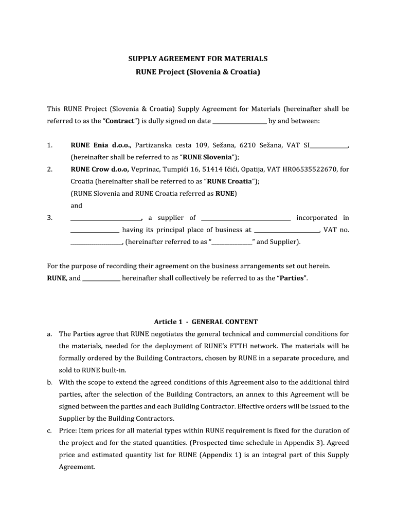 Fillable Online SUPPLY AGREEMENT FOR MATERIALS Fax Email Print - pdfFiller