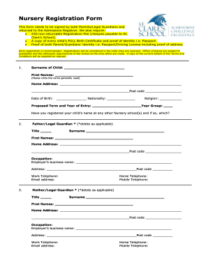 Fillable Online Nursery Registration Form - St Clare's School, Newton ...
