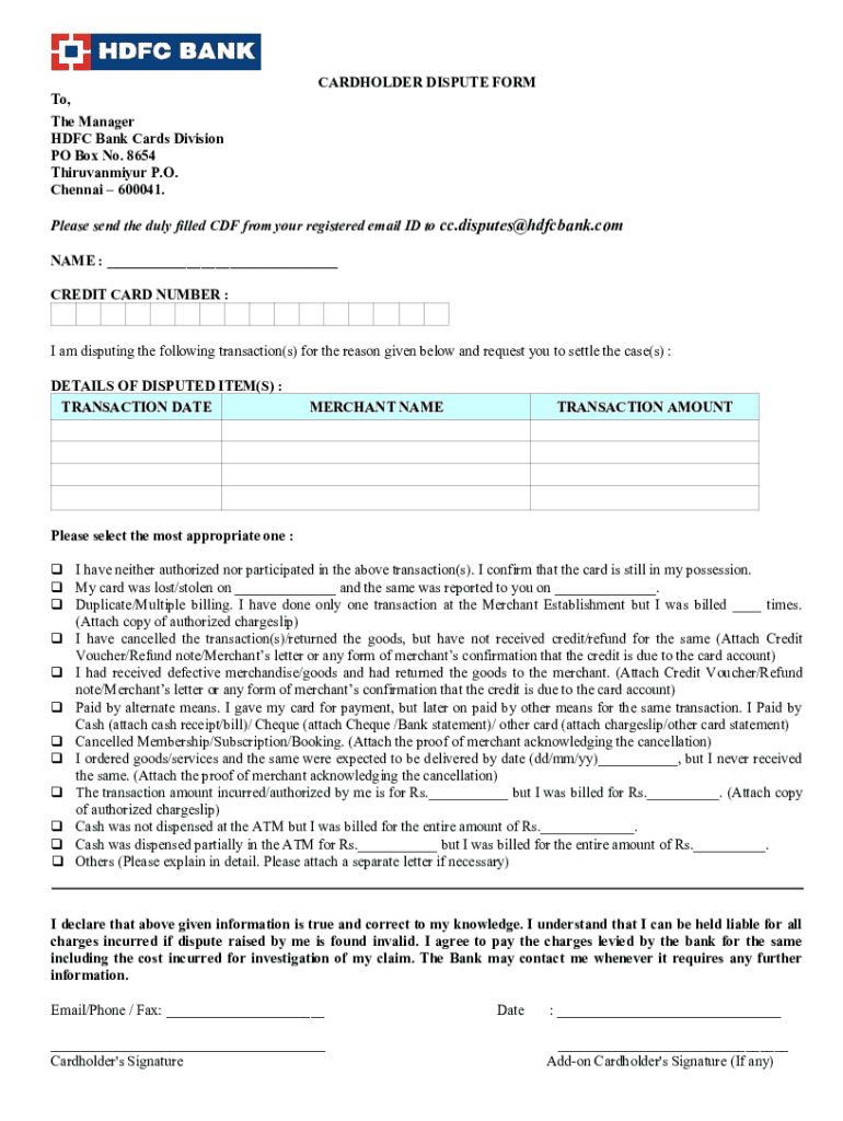 2019-2025 India HDFC Bank Cardholder Dispute Form Fill Online, Printable, Fillable, Blank ...