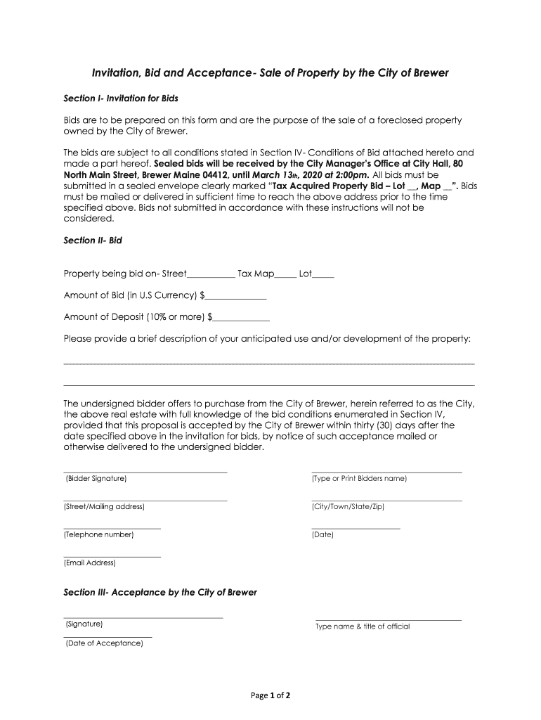 Fillable Online Invitation, Bid and Acceptance- Sale of Property by the City of Brewer Fax Email ...