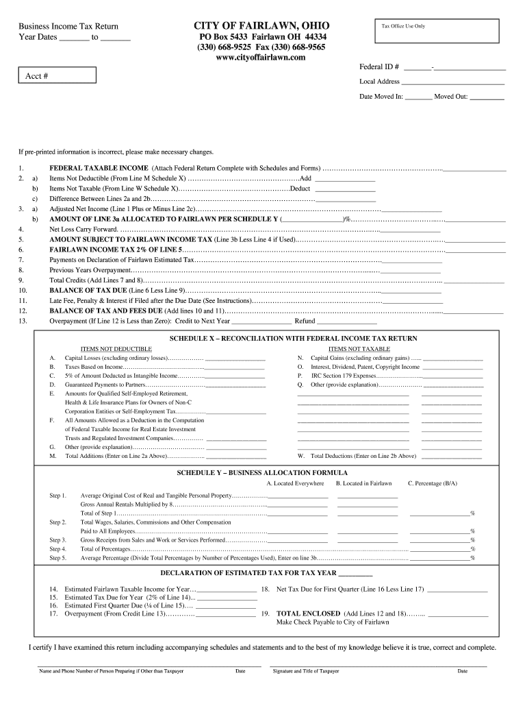 Fillable Online Business Income Tax Return CITY OF FAIRLAWN, OHIO Fax ...