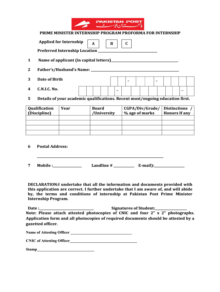 Fillable Online PRIME MINISTER INTERNSHIP PROGRAM PROFORMA FOR ...