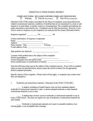 Fillable Online Williams Uniform Complaint Form - Forestville Union ...