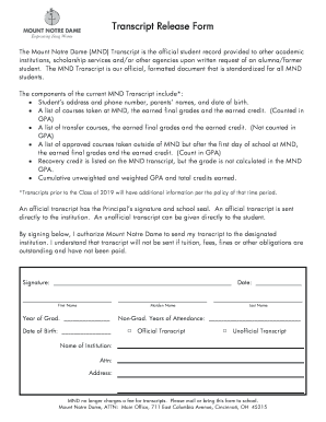 Fillable Online Transcript Release Form - Mount Notre Dame High School ...