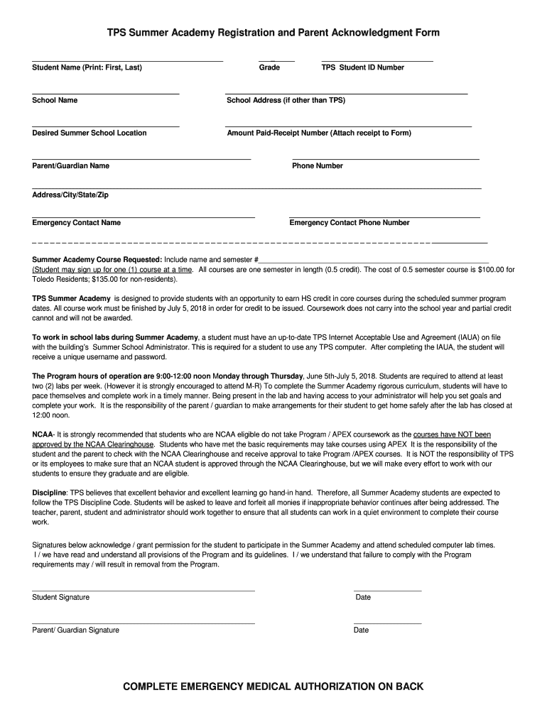 Fillable Online TPS Summer Academy Registration and Parent ...