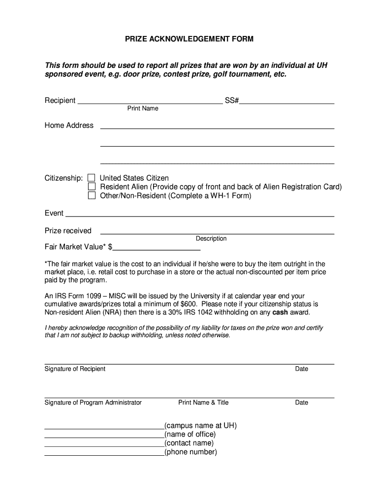 Fillable Online PRIZE ACKNOWLEDGEMENT FORM - University of Hawaii ...