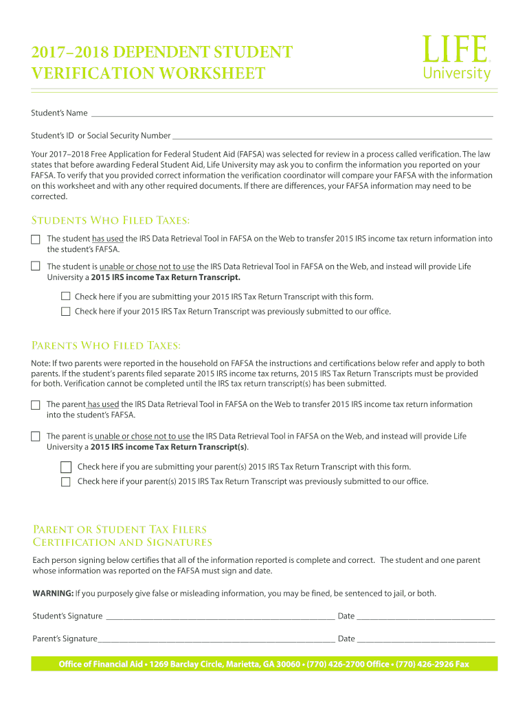 Fillable Online 2017-2018 Verification Worksheet: Dependent Student Fax Email Print - pdfFiller