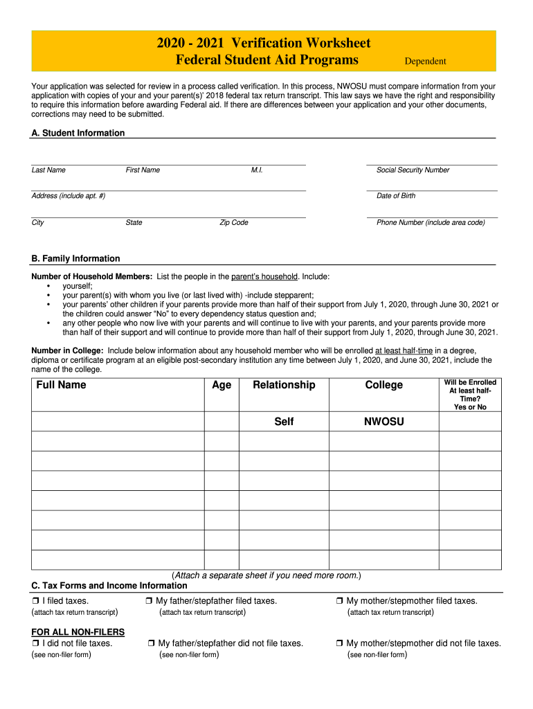 Fillable Online 2013-2014 Verification Worksheet 2020 - 2021 Verification ... Fax Email Print ...