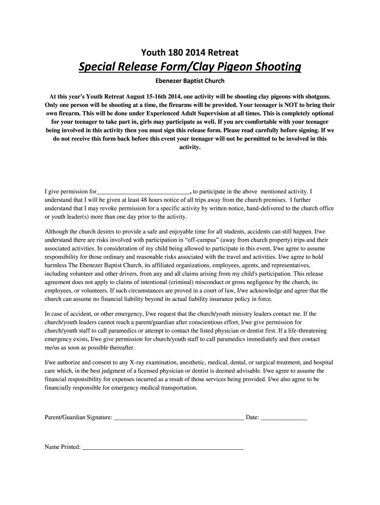 Fillable Online Special Release Form/Clay Pigeon Shooting - Ebenezer ...