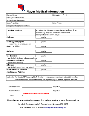 Fillable Online Player Medical Information - goodwoodbaseball.com.au Fax Email Print - pdfFiller
