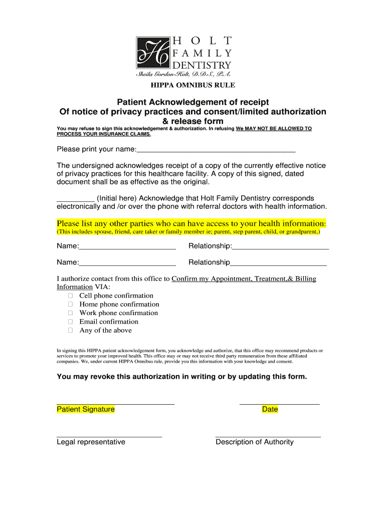 Fillable Online HIPAA oMNIBUS RULE PAtIENt ACKNoWLEDGEMENt FoRM ... Fax ...