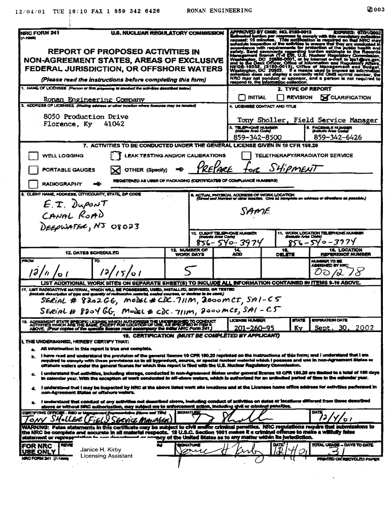 Fillable Online Ronan Engineering Company, NRC Form 241, Clarification ...