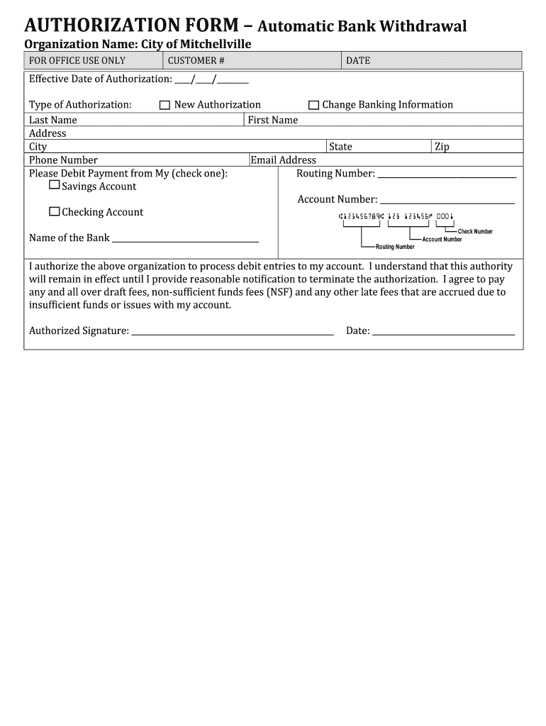 Fillable Online AUTHORIZATION FORM Automatic Bank Withdrawal Fax Email Print - pdfFiller