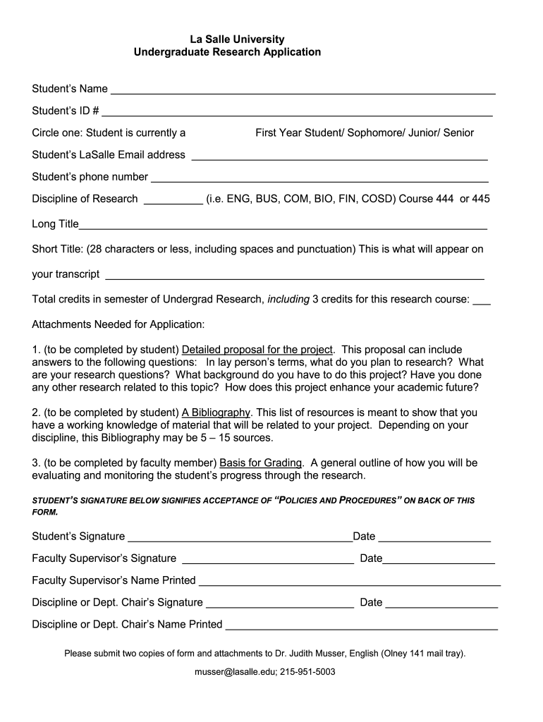 Fillable Online La Salle University Undergraduate Research Application ...