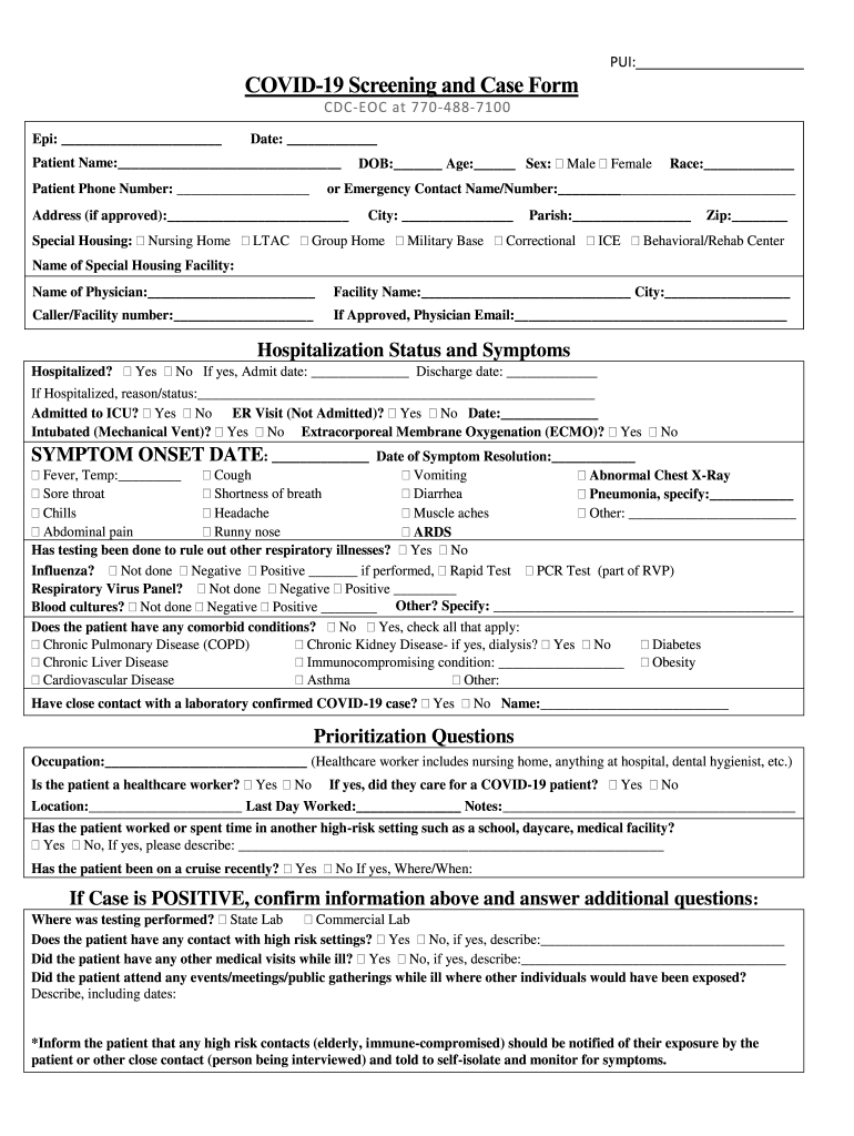 Fillable Online PUI: COVID-19 Screening and Case Form Fax Email Print ...