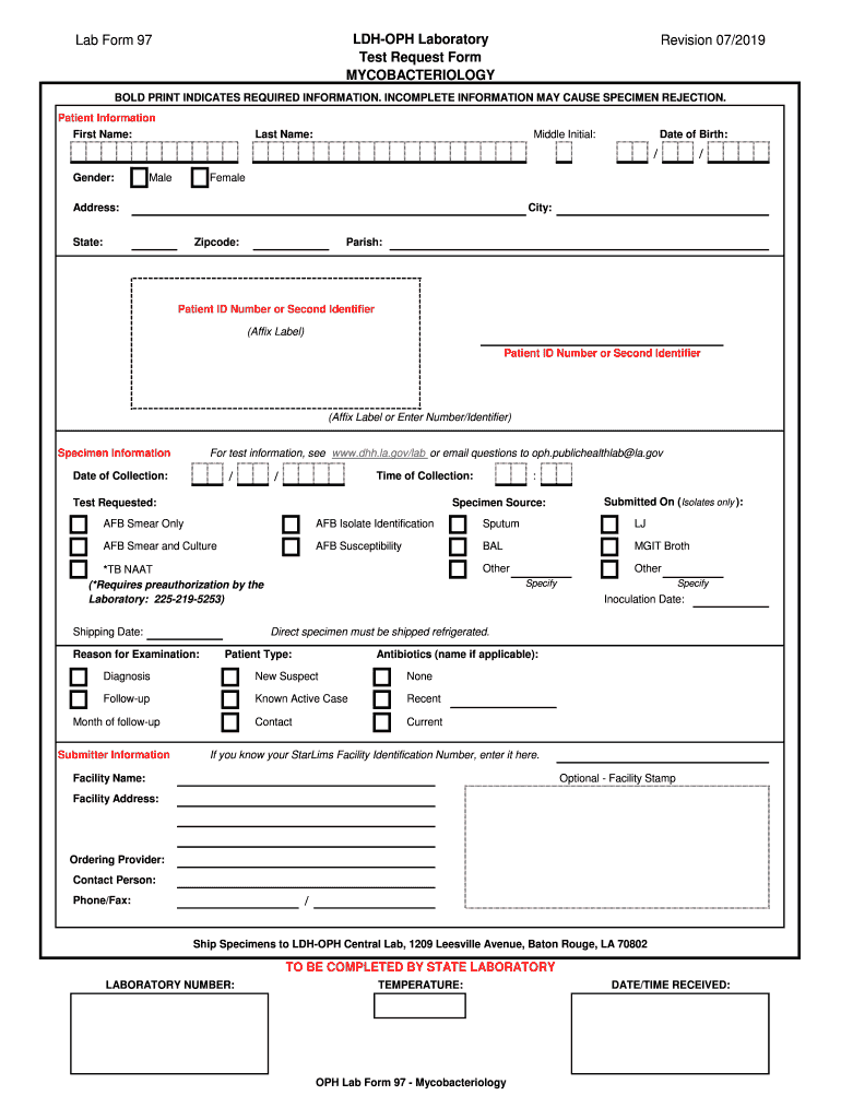 Fillable Online Lab Form 97 LDH-OPH Laboratory Revision 07/2019 Test ...