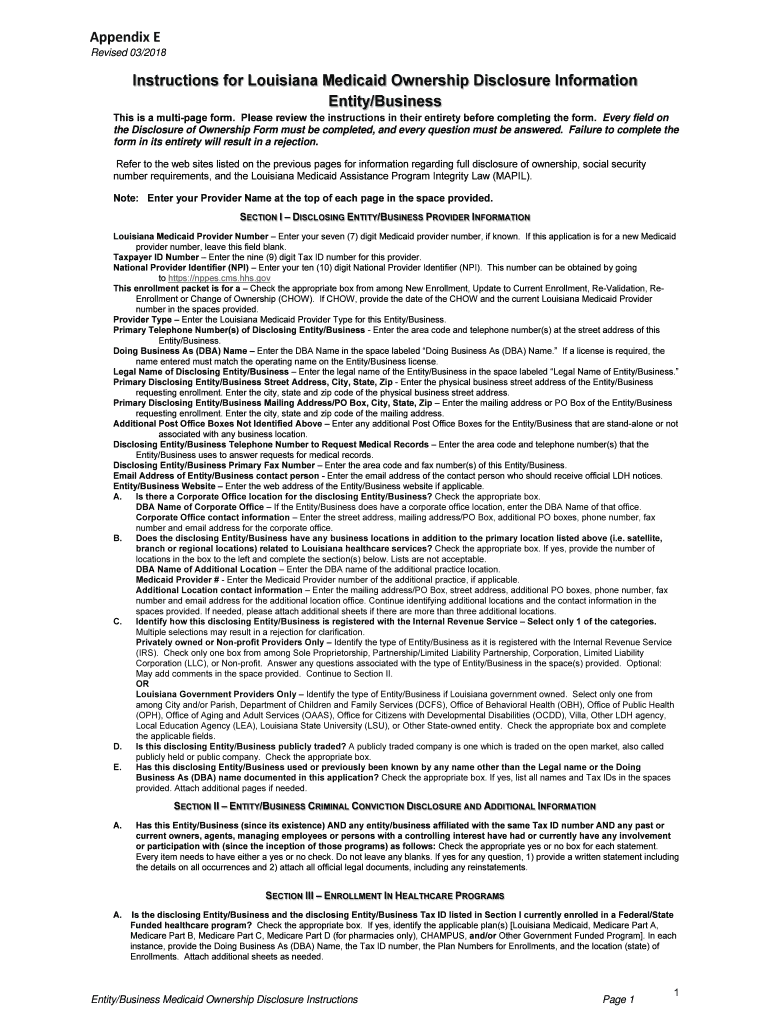 Fillable Online Appendix E Medicaid Ownership Disclosure - Louisiana ...