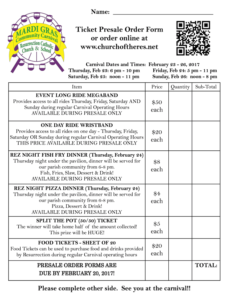 Fillable Online Ticket Presale Order Form or order online at www ...