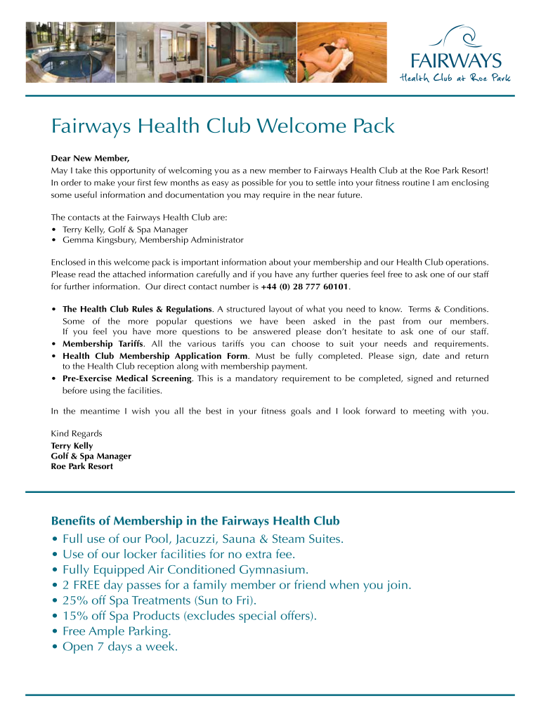 Fillable Online Fairways Health Club Welcome Pack - Roe Park Resort Fax ...