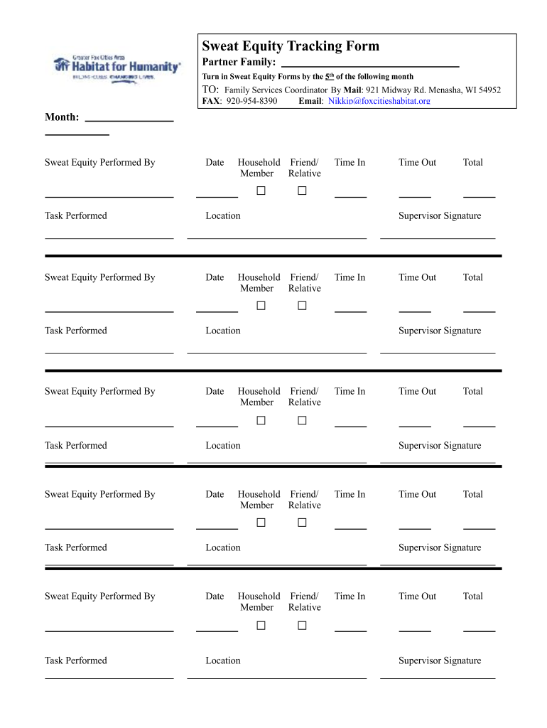 Fillable Online Sweat Equity Tracking Form - Fox Cities Habitat Fax Email Print - pdfFiller
