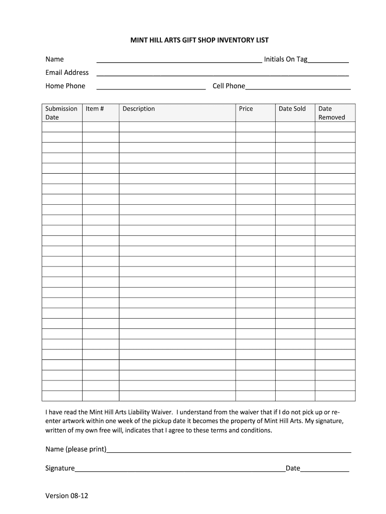 Fillable Online MINT HILL ARTS GIFT SHOP INVENTORY LIST Fax Email Print ...
