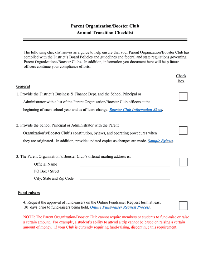 Fillable Online Parent Organization/Booster Club Annual Transition ...