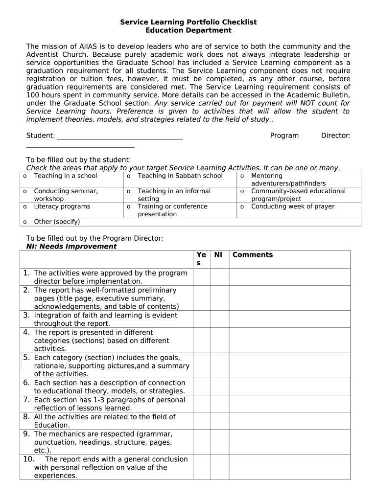 portfolio checklist example Doc Template | pdfFiller
