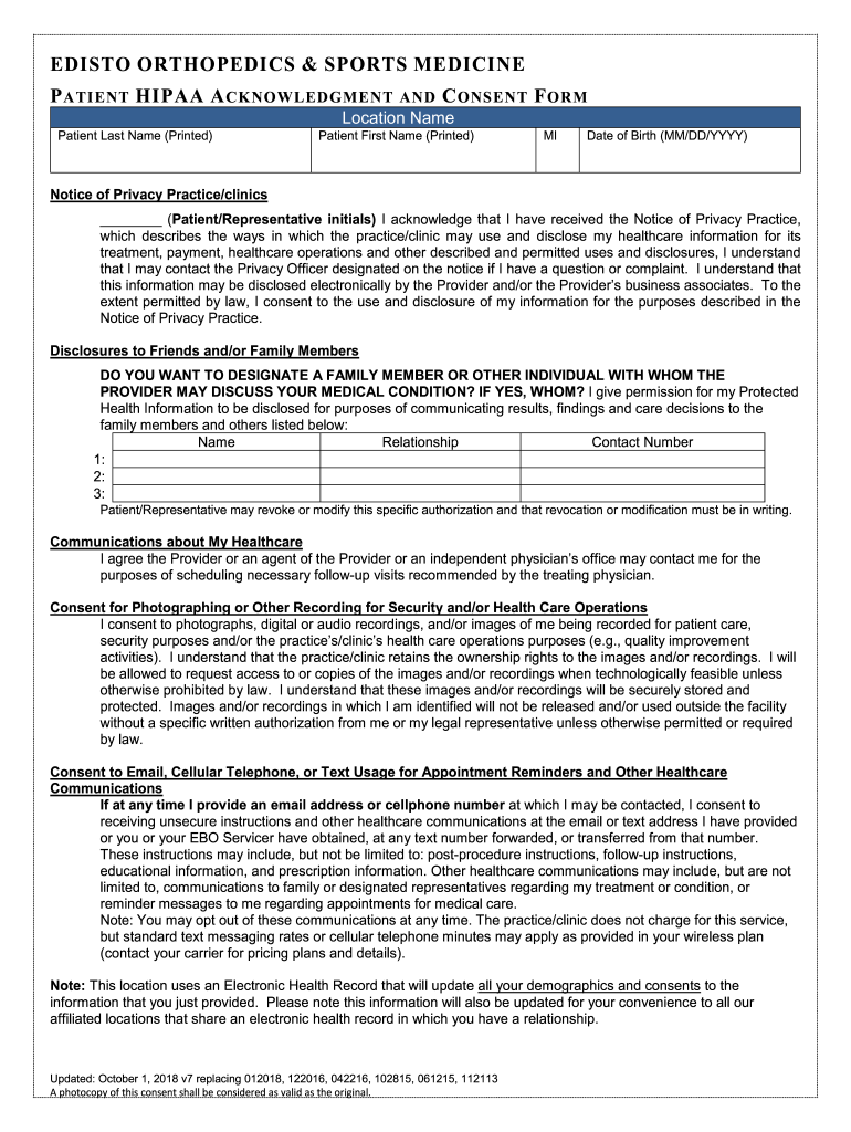 Fillable Online Patient HIPAA Acknowledgement and Consent Form. Patient ...