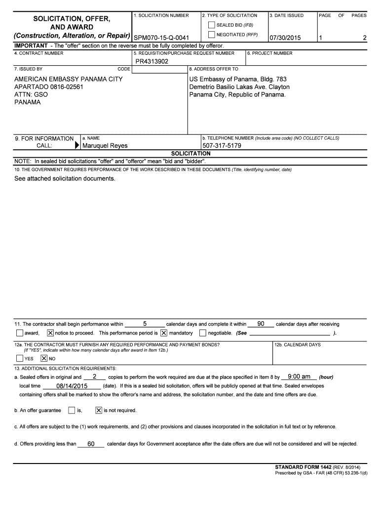 Fillable Online SOLICITATION, OFFER 1. SOLICITATION NO. AND AWARD ...