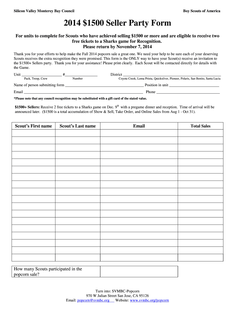 Fillable Online Popcorn - Boy Scouts of America - Silicon Valley Monterey ... Fax Email Print ...