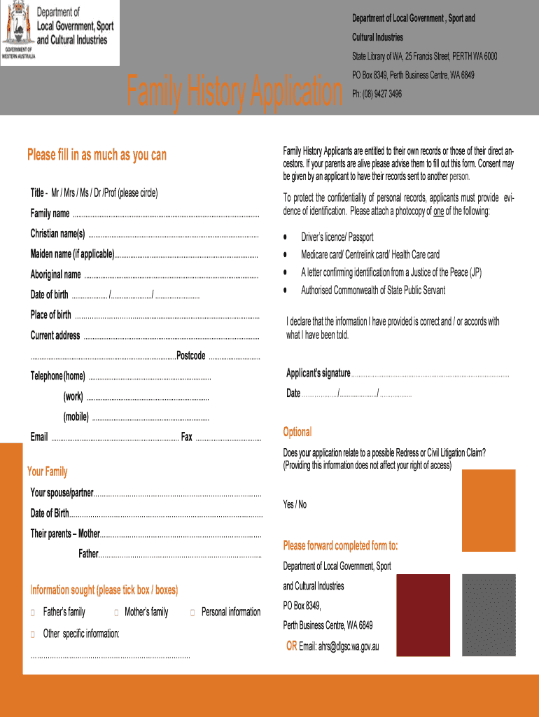Fillable Online Family History Application - Department of Local ...