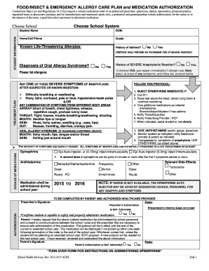 FOOD/INSECT & EMERGENCY ALLERGY CARE PLAN And MEDICATION AUTHORIZATION ...