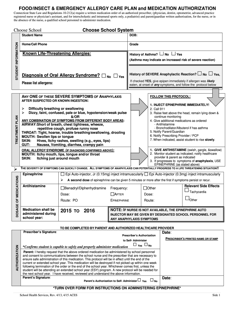 FOOD/INSECT & EMERGENCY ALLERGY CARE PLAN And MEDICATION AUTHORIZATION ...