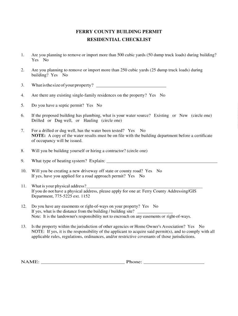 Fillable Online FERRY COUNTY BUILDING PERMIT MOBILE HOME CHECKLIST Fax ...