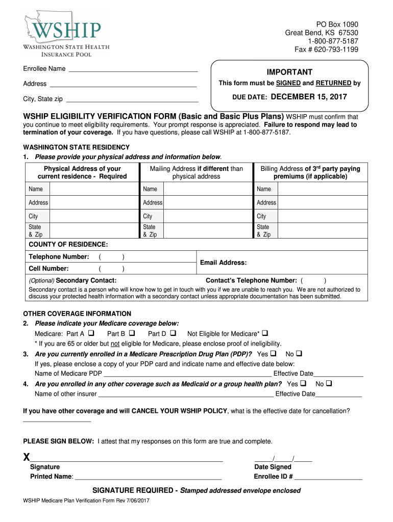 Fillable Online WSHIP ELIGIBILITY VERIFICATION FORM (Basic and Basic Plus Plans) WSHIP must ...