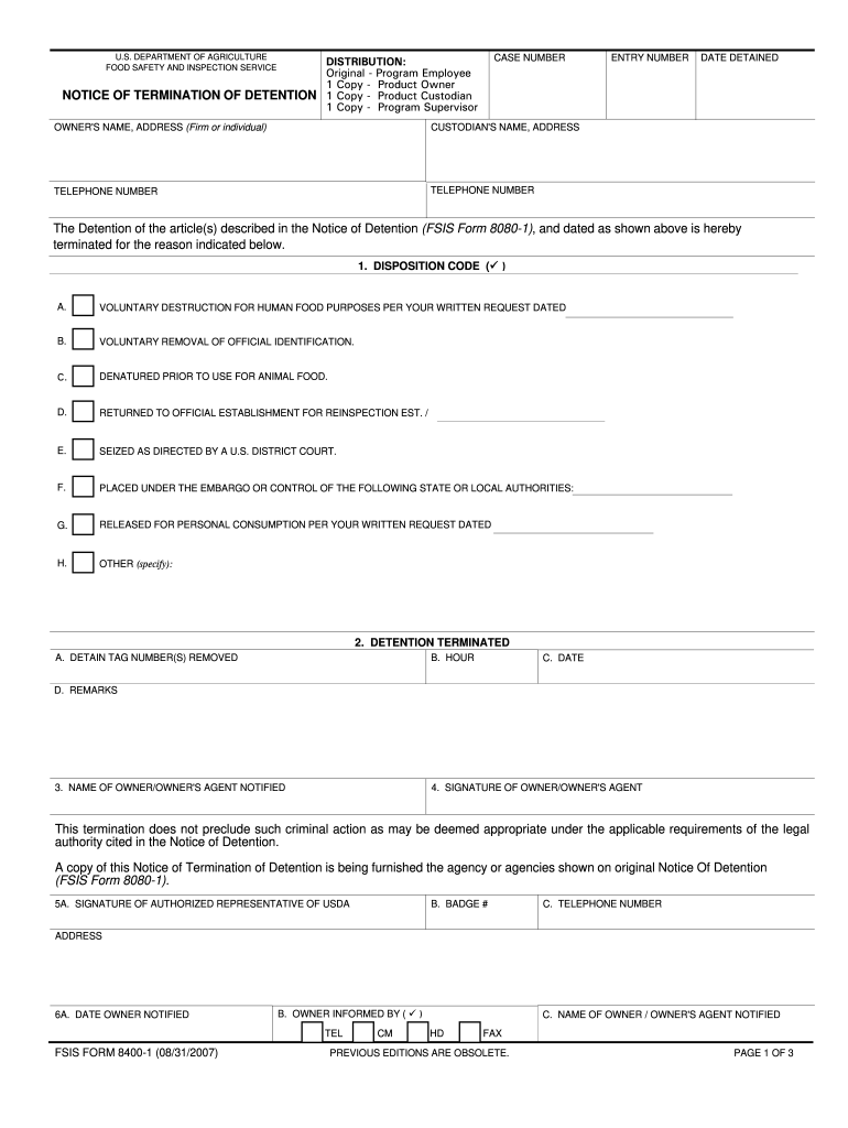 Fillable Online FSIS 8400-1 Notice of Termination of Detention. FSIS ...