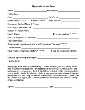 Fillable Online Hypnosis Intake Form Fax Email Print - pdfFiller