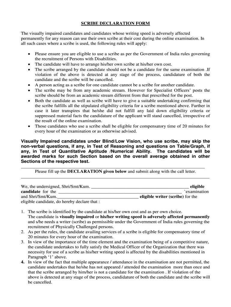 Fillable Online SCRIBE DECLARATION FORM GUIDELINES REGARDING PERSONS ...