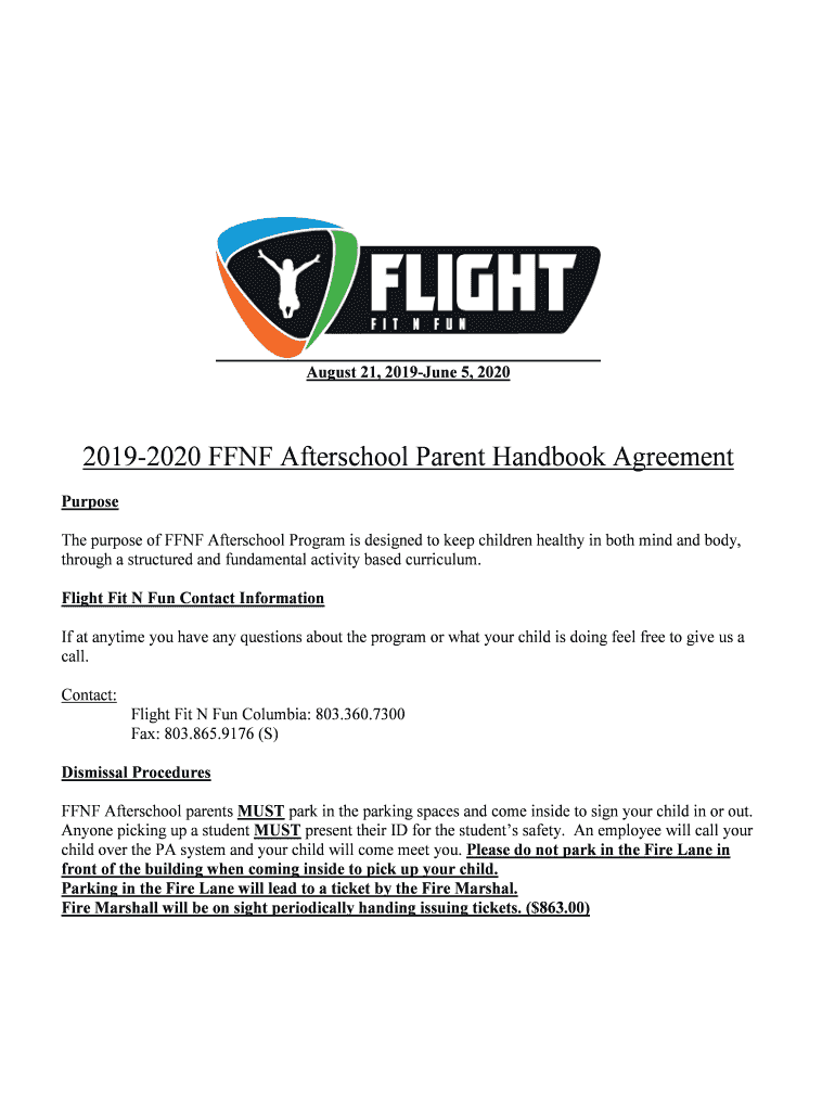Fillable Online 2019-2020 FFNF Afterschool Parent Handbook Agreement ...