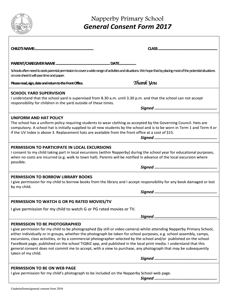 Fillable Online Napperby Primary School General Consent Form 2017 Fax ...
