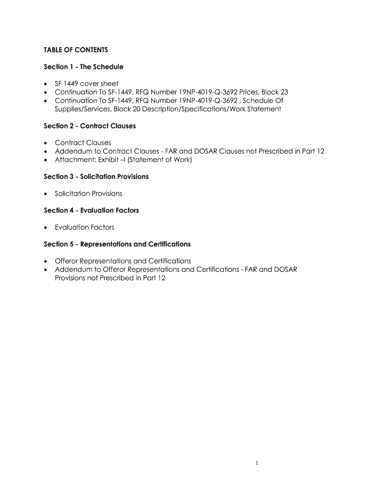 Fillable Online TABLE OF CONTENTS SF 1449 cover sheet Continuation To ...