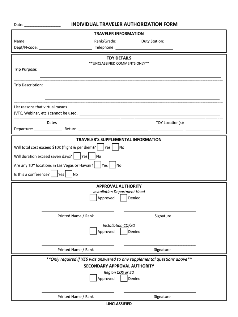 Fillable Online INDIVIDUAL TRAVELER AUTHORIZATION FORM Fax Email Print ...