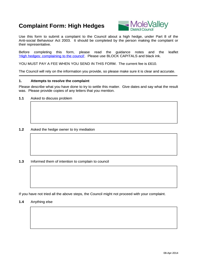 Complaint : high hedges - Enfield Council Doc Template | pdfFiller