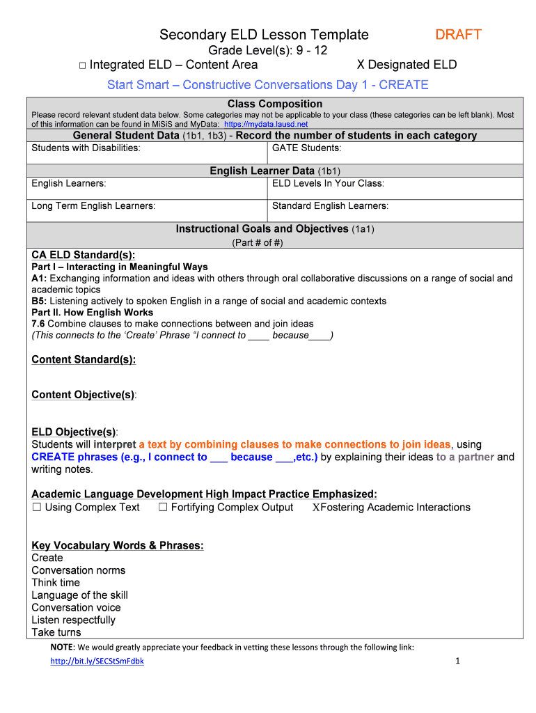 Fillable Online Secondary ELD Lesson Template DRAFT Fax Email Print ...