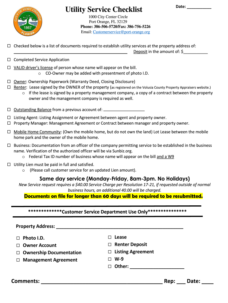 Fillable Online Utility Service Checklist Fax Email Print - pdfFiller