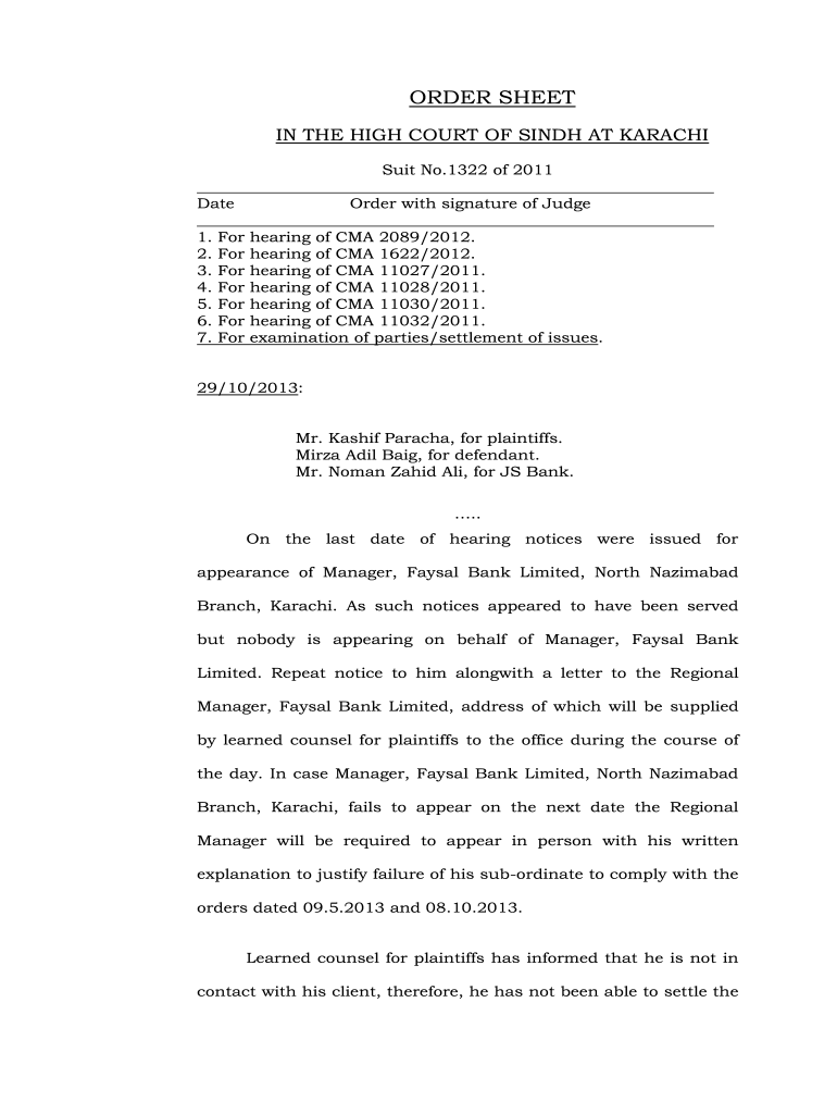 Fillable Online Sindh High Court, Order Sheet Continuation. Suit No ...