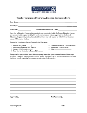 Fillable Online Teacher Education Program Admission Probation Form Fax ...
