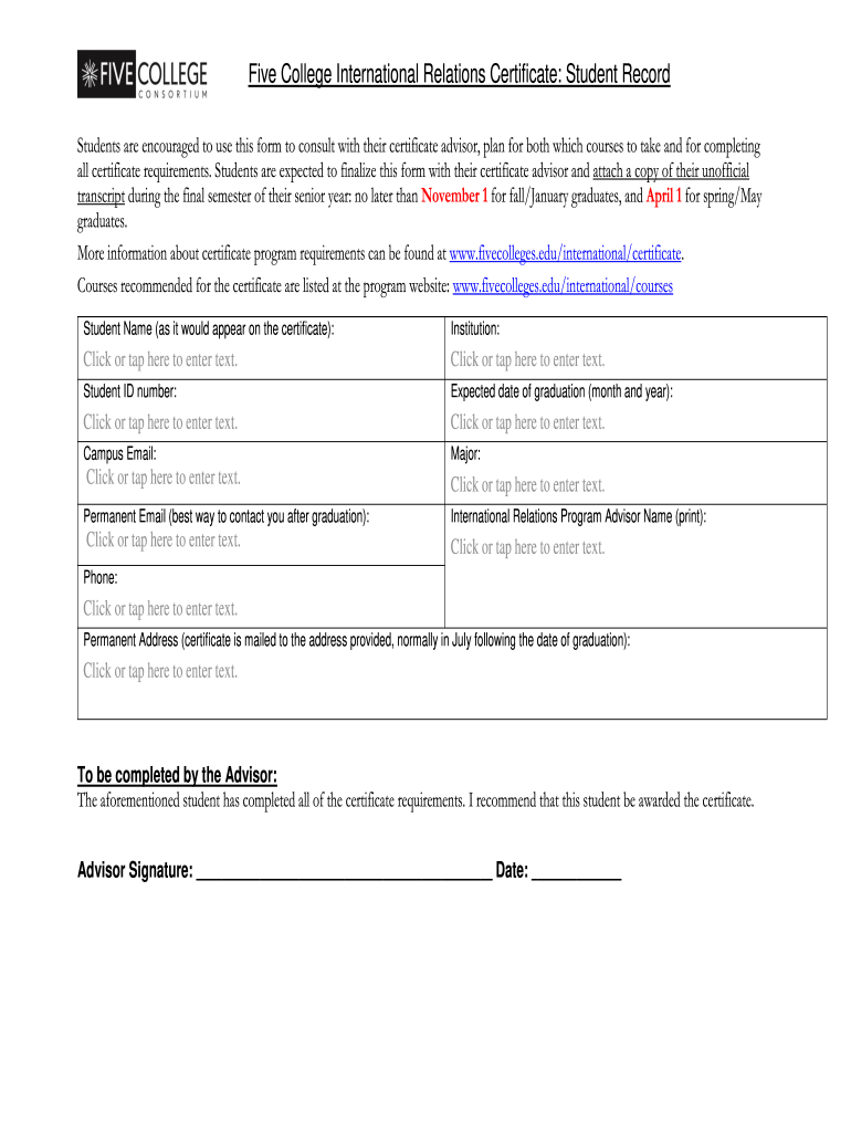 Fillable Online Five College International Relations Certificate ...